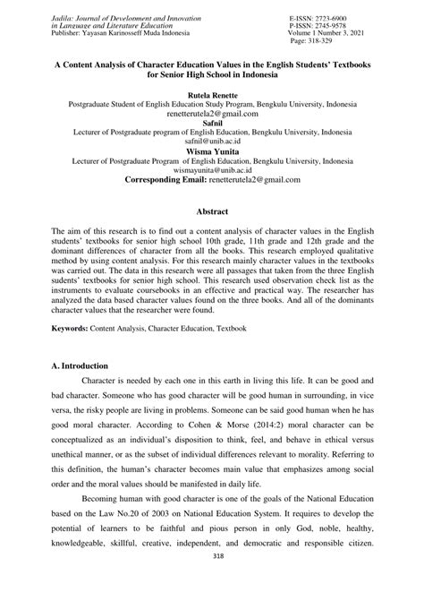 Pdf A Content Analysis Of Character Education Values In The English