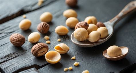 Macadamia Nuts In Their Shells And Peeled Displayed On A Dark Textured Surface With A Wooden