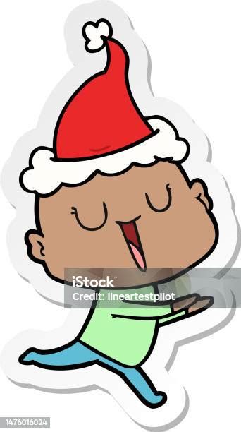 산타 모자를 쓴 대머리 남자의 행복한 손으로 그린 스티커 만화 낙서 드로잉에 대한 스톡 벡터 아트 및 기타 이미지 낙서 드로잉 남자 노래 Istock