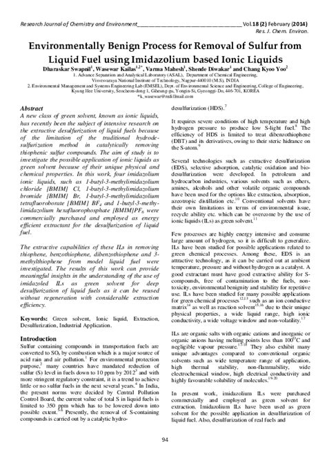 Pdf Environmentally Benign Process For Removal Of Sulfur From Liquid Fuel Using Imidazolium