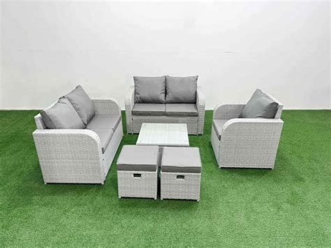 Fimous Light Grey Poly Rattan Reclining Garden Furniture Set Yavolo