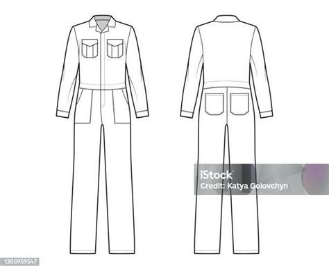 전체 길이 일반 허리 플랩 스퀘어 포켓 가죽 클로저로 전체 기술 패션 일러스트레이션을 장착한 작업자 점프수트 커버올에 대한 스톡