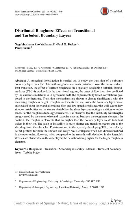 Distributed Roughness Effects On Transitional And Turbulent Boundary Layers Request Pdf