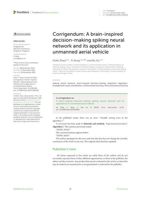 Pdf Corrigendum A Brain Inspired Decision Making Spiking Neural Network And Its Application