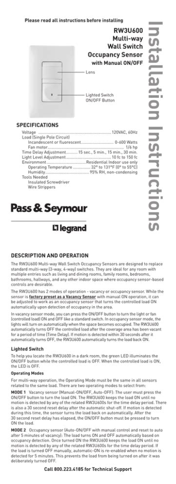 Multi Way Wall Switch Occupancy Sensor With Manual