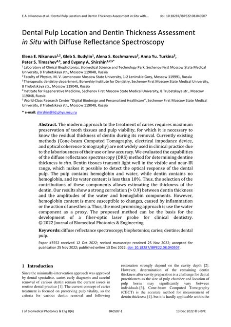 Pdf Dental Pulp Location And Dentin Thickness Assessment In Situ With Diffuse Reflectance