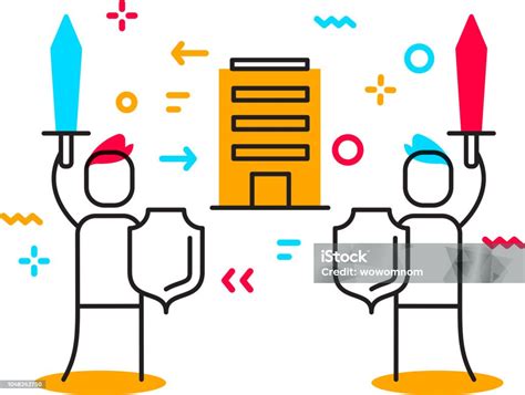 칼과 방패 남자의 벡터 비즈니스 일러스트 레이 션 빌딩 근처 서로 싸움 안전 및 보안 창조적인 선형 개념입니다 0명에 대한 스톡