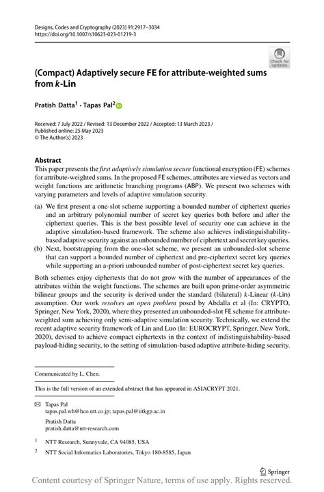 Pdf Compact Adaptively Secure Fe For Attribute Weighted Sums From K Lin