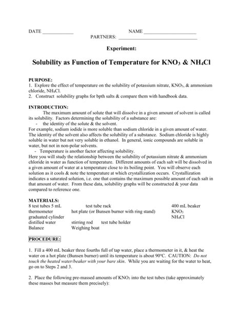 KNO3 NH4Cl Solubility Lab Temperature S Effect