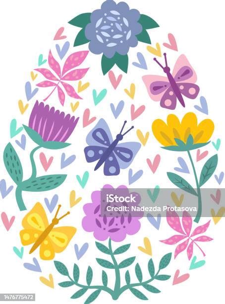 부활절 달걀 안에 나비가 있는 꽃 무늬 파스텔 색상의 봄 꽃입니다 엽서손으로 그린 평면 그림 0명에 대한 스톡 벡터 아트 및 기타 이미지 Istock