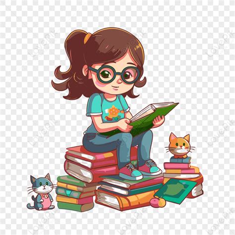 Png 클립 아트 만화 소녀는 소녀 옆에 고양이가 앉아 몇 권의 책 위에 앉아 벡터 Png 일러스트 무료 다운로드 Lovepik