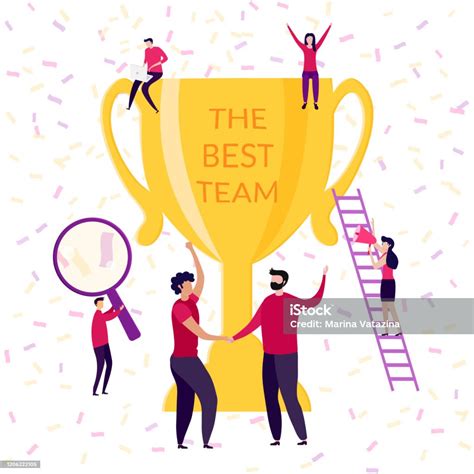 상금 황금 잔으로 성공적인 비즈니스 사람들 성공적인 팀워크의 개념 승리를 축하하는 남성과 여성 성취 개념입니다 평면 만화 유행 벡터 일러스트레이션 사람들에 대한 스톡 벡터