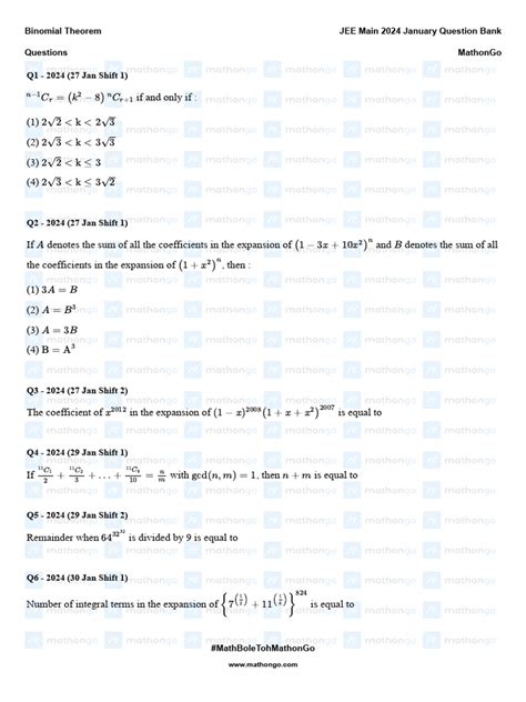 binomial theorem jee main 2024 january question bank mathongo pdf