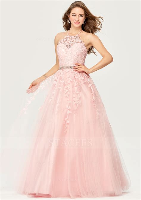 Princess Ball Gown Halter Sleeveless Tulle Satin Long Floor Length Prom