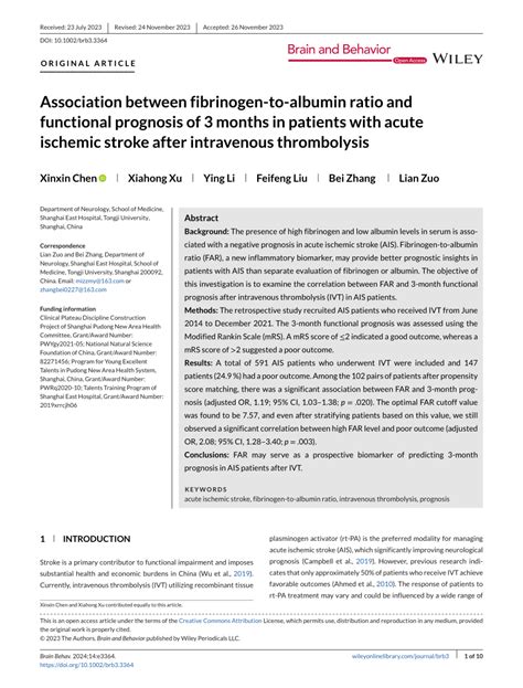 Pdf Association Between Fibrinogen‐to‐albumin Ratio And Functional Prognosis Of 3 Months In