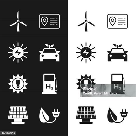 에코 자동차 컨셉 드라이브 태양 에너지 패널 풍력 터빈 주소서 수소 충전소 전기 절약 플러그 잎 및 아이콘을 설정합니다 벡터 아이콘에 대한 스톡 벡터 아트 및 기타 이미지
