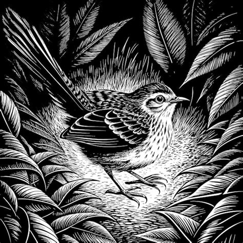 черно белый рисунок птицы в лесу Премиум Ai сгенерированный вектор