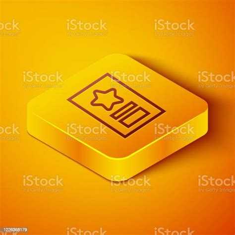 주황색 배경에 격리 된 아이소메트릭 라인 인사말 카드 아이콘입니다 초대 또는 인사말 카드에 대 한 축 하 포스터 템플릿입니다 노란색 사각형 버튼입니다 벡터 일러스트레이션 3