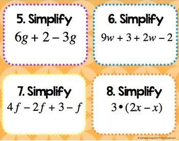 Simplifying Expressions Task Cards Math Center Practice Activity