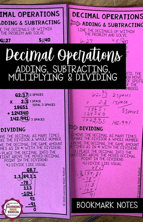 Decimal Operations Bookmark Notes Decimal Operations Math Interactive Notebook Decimals