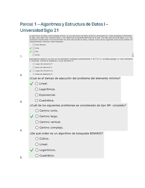 Preguntero Parcial 1 Completo Parcial 1 Algoritmos Y Estructura De Datos I Universidad