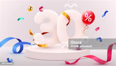 30 할인 크리에이티브 컴포지션 장식 용 물건 하트 모양의 풍선 황금 색종이 연단 및 선물 상자가있는 3d 판매 기호 판매 배너 및 포스터 30에 대한 스톡 벡터 아트 및