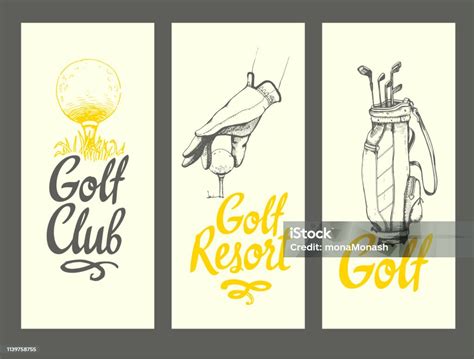 볼 가방 클럽 글로브와 골프 레이아웃 배너입니다 손으로 그린 스포츠 장비의 벡터 집합입니다 흰색 바탕에 스케치 스타일의 그림