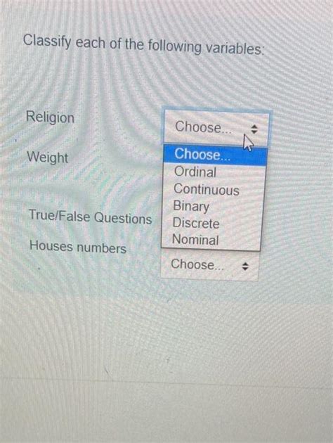 Solved Classify Each Of The Following Variables Religion