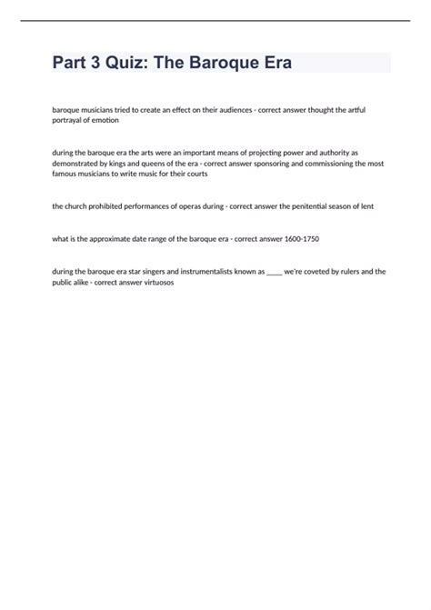 Part 3 Quiz The Baroque Era With 100 Correct Answers 2023 Baroque Stuvia Us