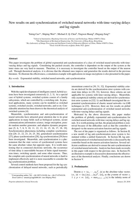 Pdf New Results On Anti Synchronization Of Switched Neural Networks