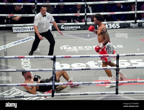 Ben Whittaker Right Celebrates Knocks Down Stiven Leonetti Dredhaj In Their Light Heavyweight
