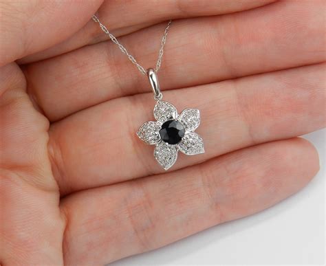 Sale Price Diamond And Sapphire Flower Pendant Necklace 14k White Gold