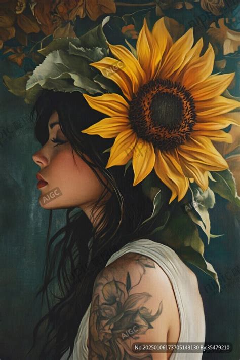 Ai创作图葵花艺术画 向日葵艺术画 葵花壁画 向日葵绘画 太阳花壁画 向日葵花壁画 向日葵花艺术画 数字油画插画设计 写实唯美插画 插画葵花 手绘艺术女人花挂画 原创厚涂 向日葵美术绘画 写实