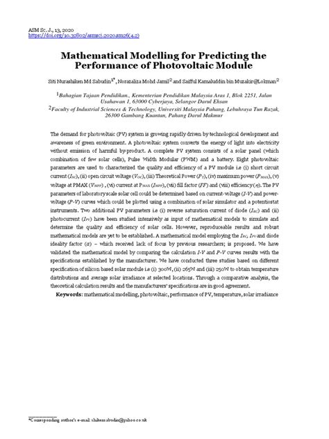 Mathematical Modelling For Predicting The Performance Of Photovoltaic