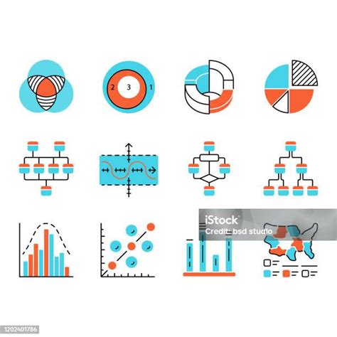 다이어그램 색상 아이콘 설정 정보의 개략적 표현 통계 데이터 시각화 분석 보고서 과학 컴퓨터 기술 비즈니스 금융 격리된 벡터