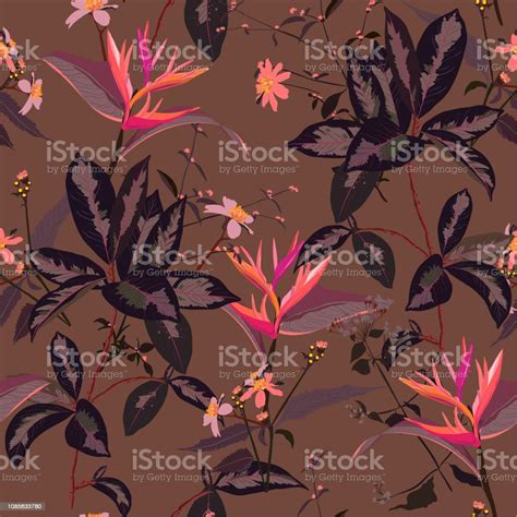아름 다운 이국적인 열 대 여름 숲 원활한 패턴 패션 패브릭 벽지 웹 및 세련 된 브라운에 모든 지문에 대 한 벡터 디자인 꽃 식물에 대한 스톡 벡터 아트 및 기타 이미지