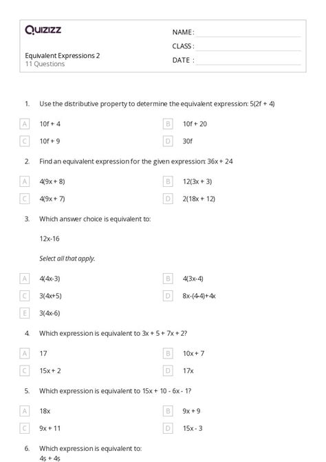 50 Equivalent Expressions Worksheets For 7th Year On Quizizz Free