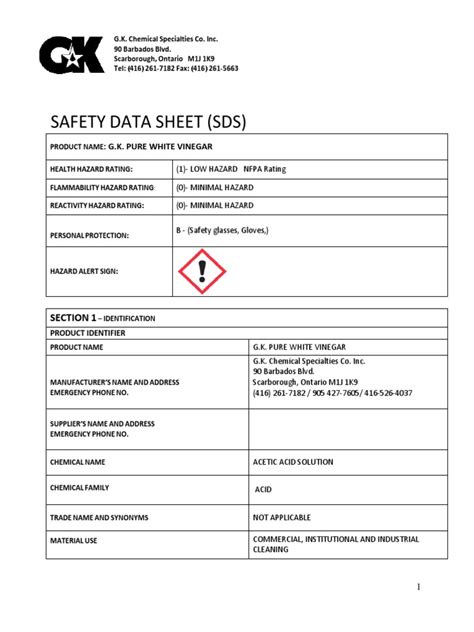 Safety Data Sheet Sds Gk Pure White Vinegar Download Free Pdf