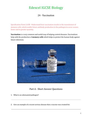 Edexcel Igcse Biology Worksheet 24 Vaccination Teaching Resources