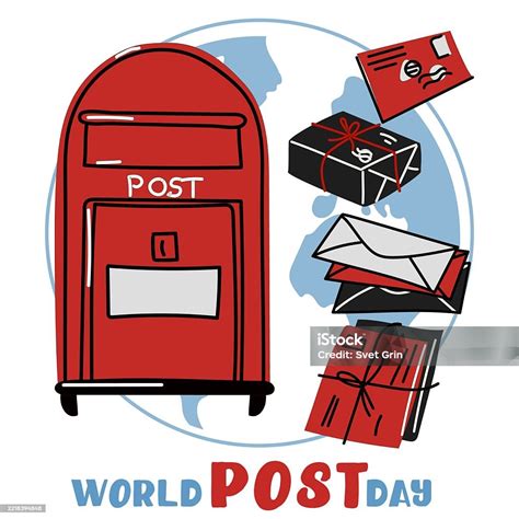 포스트 데이 배너 우체통 메일 박스 디자인 벡터 일러스트 레이 션 세계 포스트의 날 세계 우편의 날 휴일을 위한 광장 배너 빨간 우체통은 푸른 지구지도의 우편물 편지 소포를