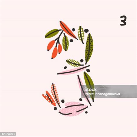숫자 3은 꽃과 나뭇잎으로 만들어졌습니다 꽃 벡터 일러스트 레이 션 디자인 인쇄 디자인 요소 0명에 대한 스톡 벡터 아트 및