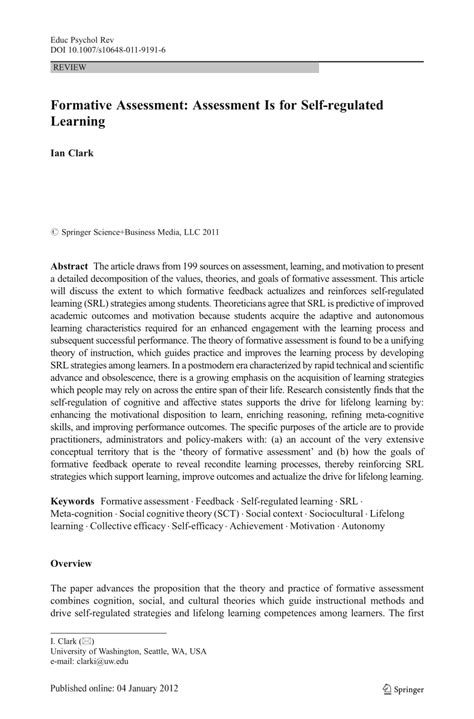 Pdf Formative Assessment Assessment Is For Self Regulated Learning