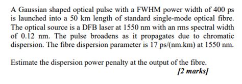 Solved A Gaussian Shaped Optical Pulse With A Fwhm Power