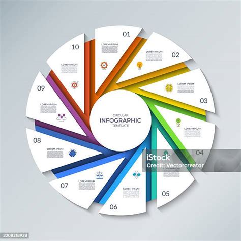벡터 인포 그래픽 서클 10단계로 구성된 사이클 다이어그램 보고서 비즈니스 분석 교육 리소스 마케팅 자료 데이터 시각화 프레젠테이션에 사용할 수 있는 원형 차트입니다 0명에