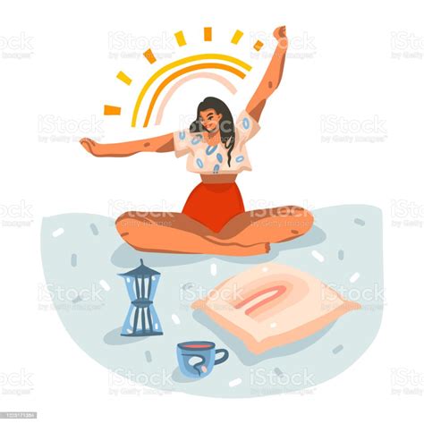 손으로 그린 벡터 추상적 인 스톡 그래픽 일러스트 와 젊은 미소 행복 한 여성이 아침 스트레칭 요가 집에서 색종이 고립 된 흰색 배경 가정의 방에 대한 스톡 벡터 아트 및