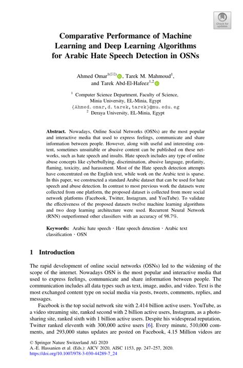 Pdf Comparative Performance Of Machine Learning And Deep Learning Algorithms For Arabic Hate