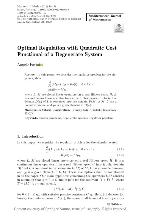 Optimal Regulation With Quadratic Cost Functional Of A Degenerate System Request Pdf
