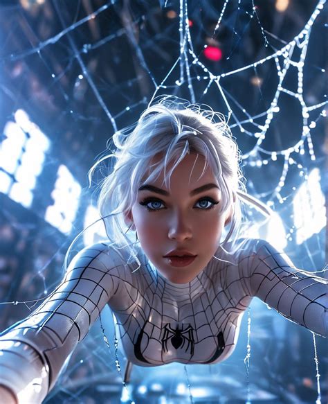 Spider Gwen Hanging Upside Down From Webs By John Playground