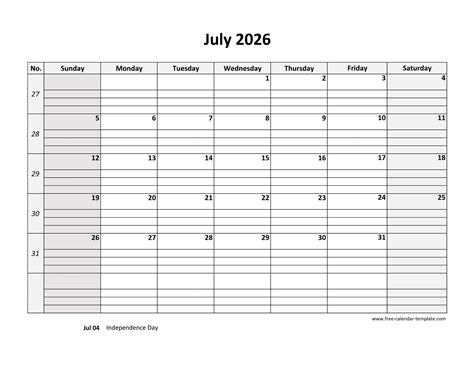 July 2026 Calendar Free Printable With Grid Lines Designed Horizontal Free Calendar