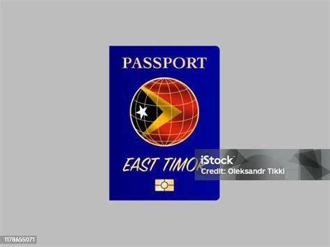 생체 인식 디지털 데이터 칩 사실적인 파란색 커버 아이콘 로고 광고 웹에 대한 황금 글자 벡터 일러스트와 국제 여권 동티모르 국기 국가 관광명소에 대한 스톡 벡터 아트 및